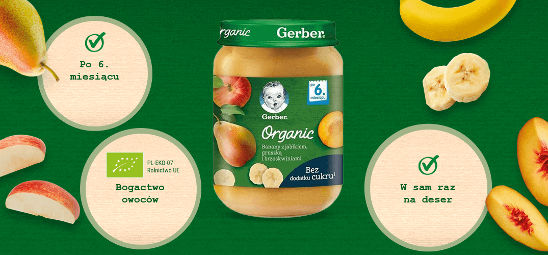 Gerber Organic Banany z jabłkiem, gruszką i brzoskwiniami